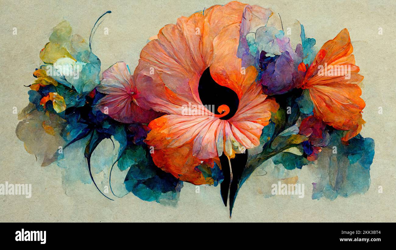 Abstract composition of plants and flower petals painting color texture ...