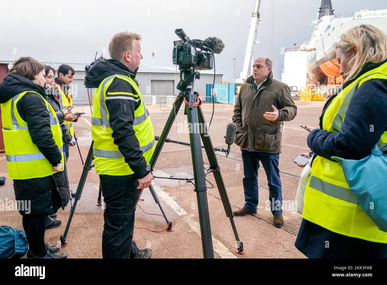 Defence Secretary Ben Wallace speaks to the media during a visit to BAE ...