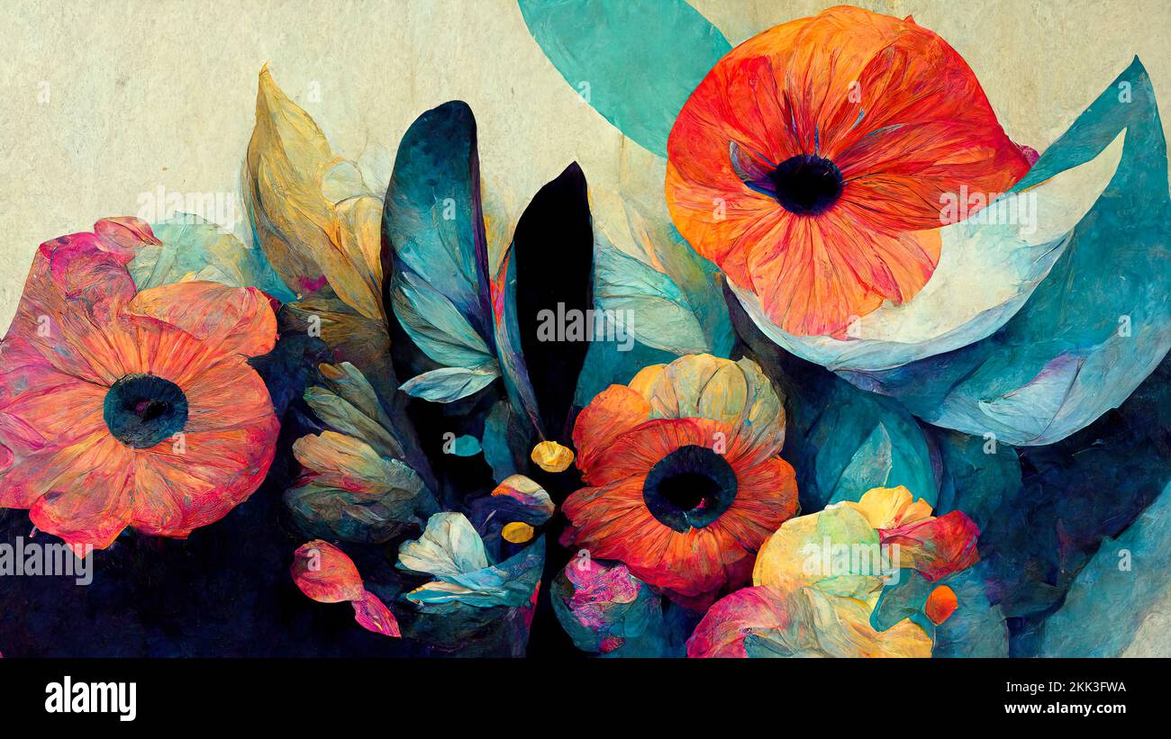 Abstract composition of plants and flower petals painting color texture ...
