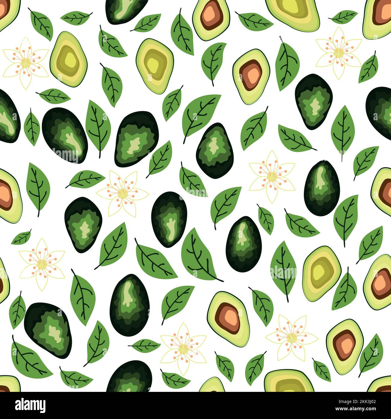 Avocado seamless pattern. Whole and sliced avocado with leaves and ...