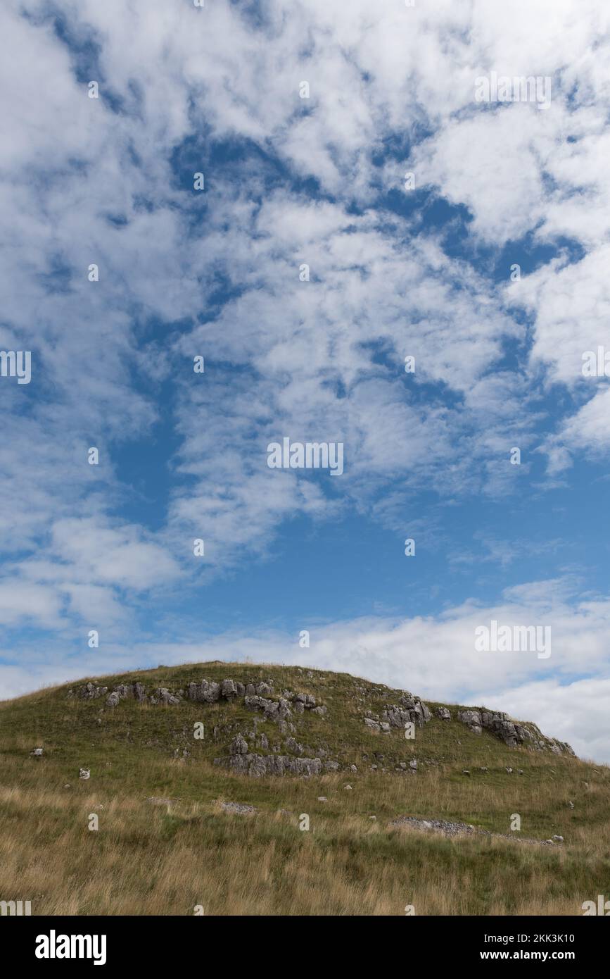 North of Malham Cove on the grasslands above where a limestone tor hill ...