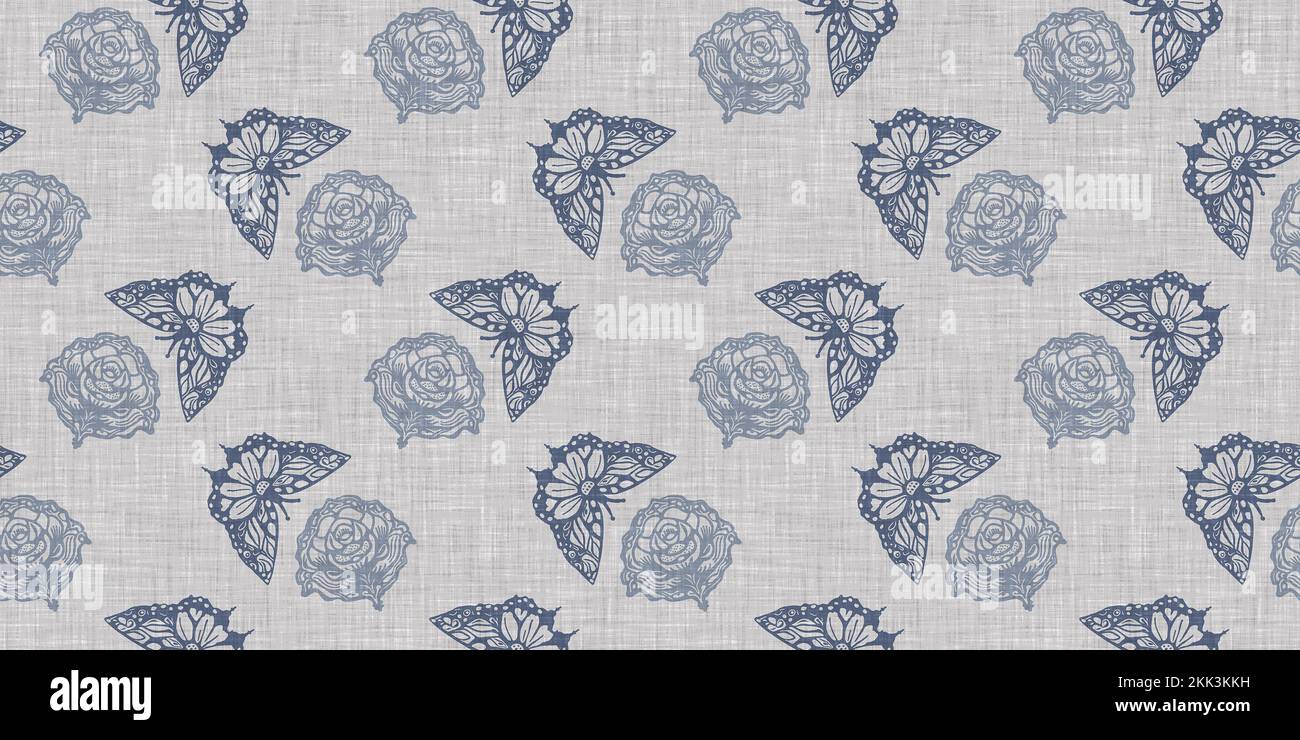 Farmhouse blue butterfly seamless border. Rustic French wildlife for ...