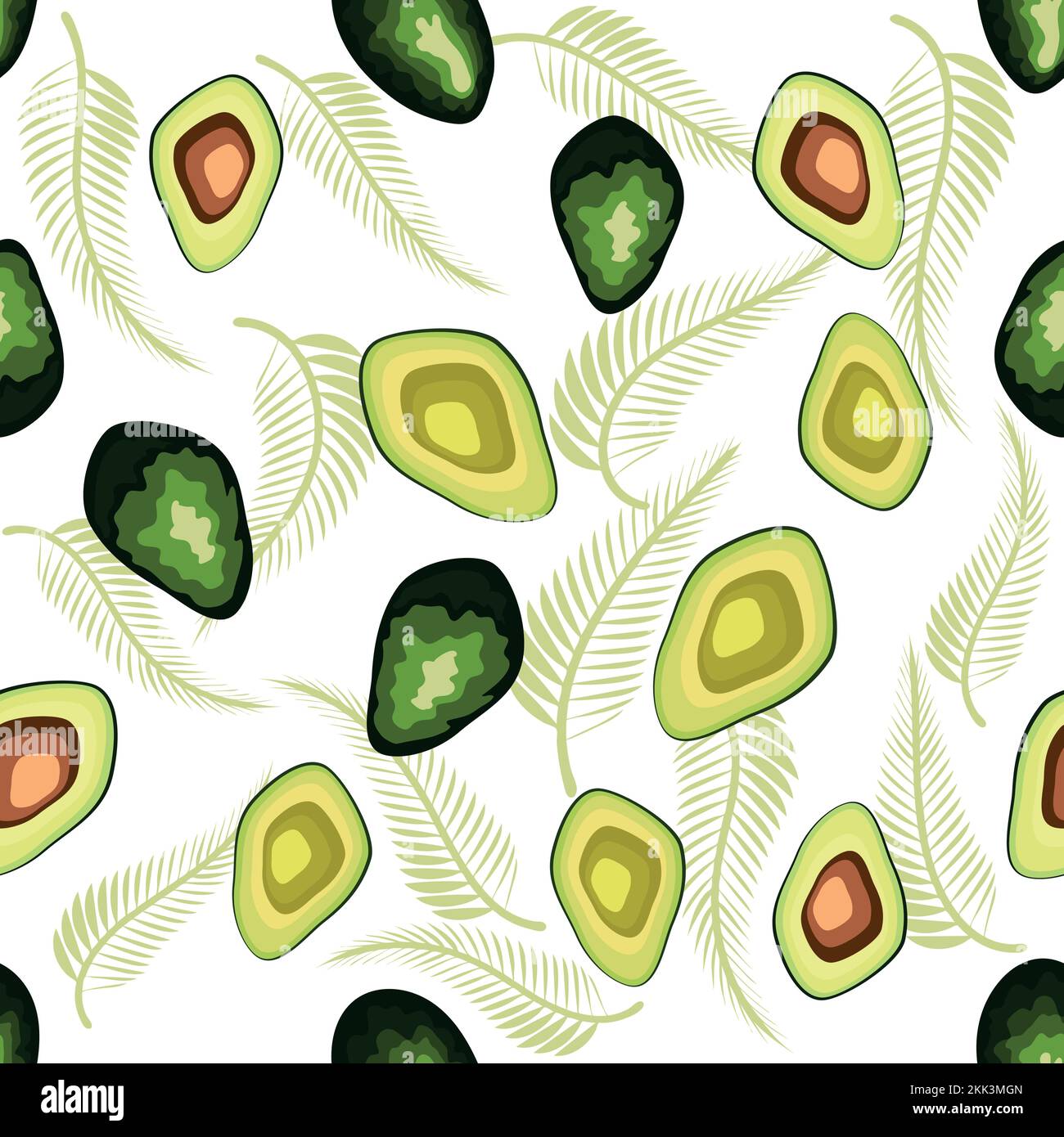 Avocado seamless pattern. Whole and sliced avocado with leaves and ...