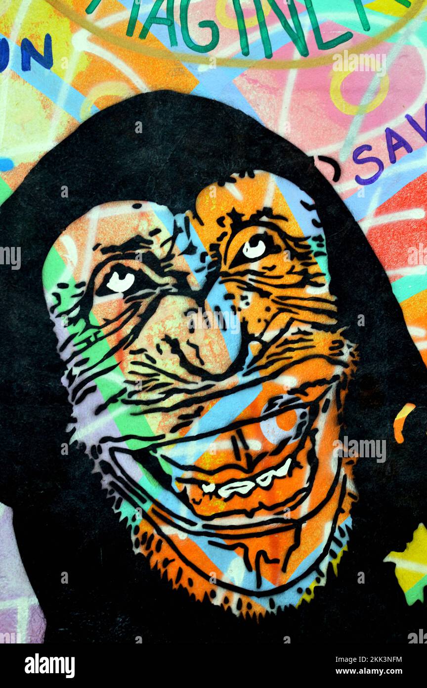 A black outline of an ape face close up, in front of colorful graffiti ...