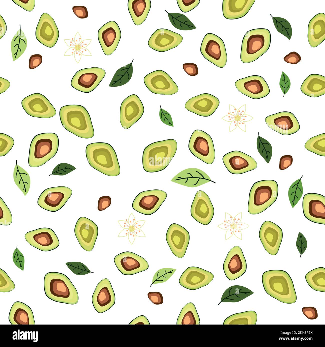 Avocado seamless pattern. Whole and sliced avocado with leaves and ...