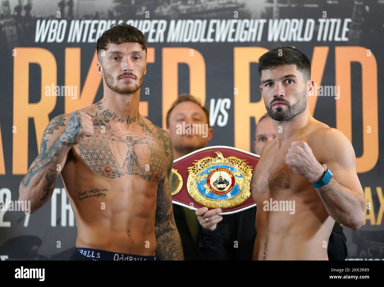 John Ryder (left) and Zach Parker during weigh-in at the Hilton Canary ...