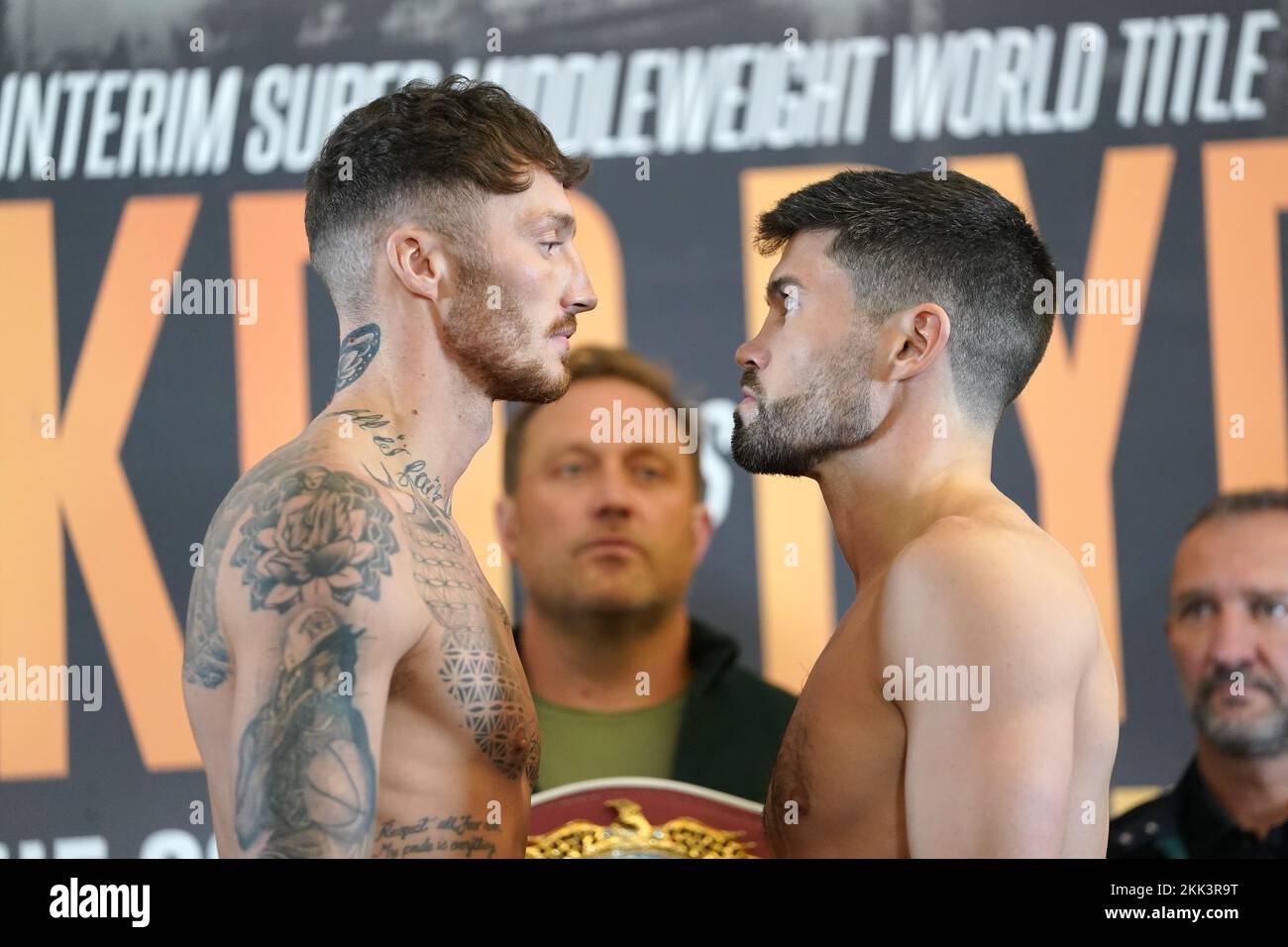 John Ryder (left) and Zach parker during weigh-in at the Hilton Canary ...