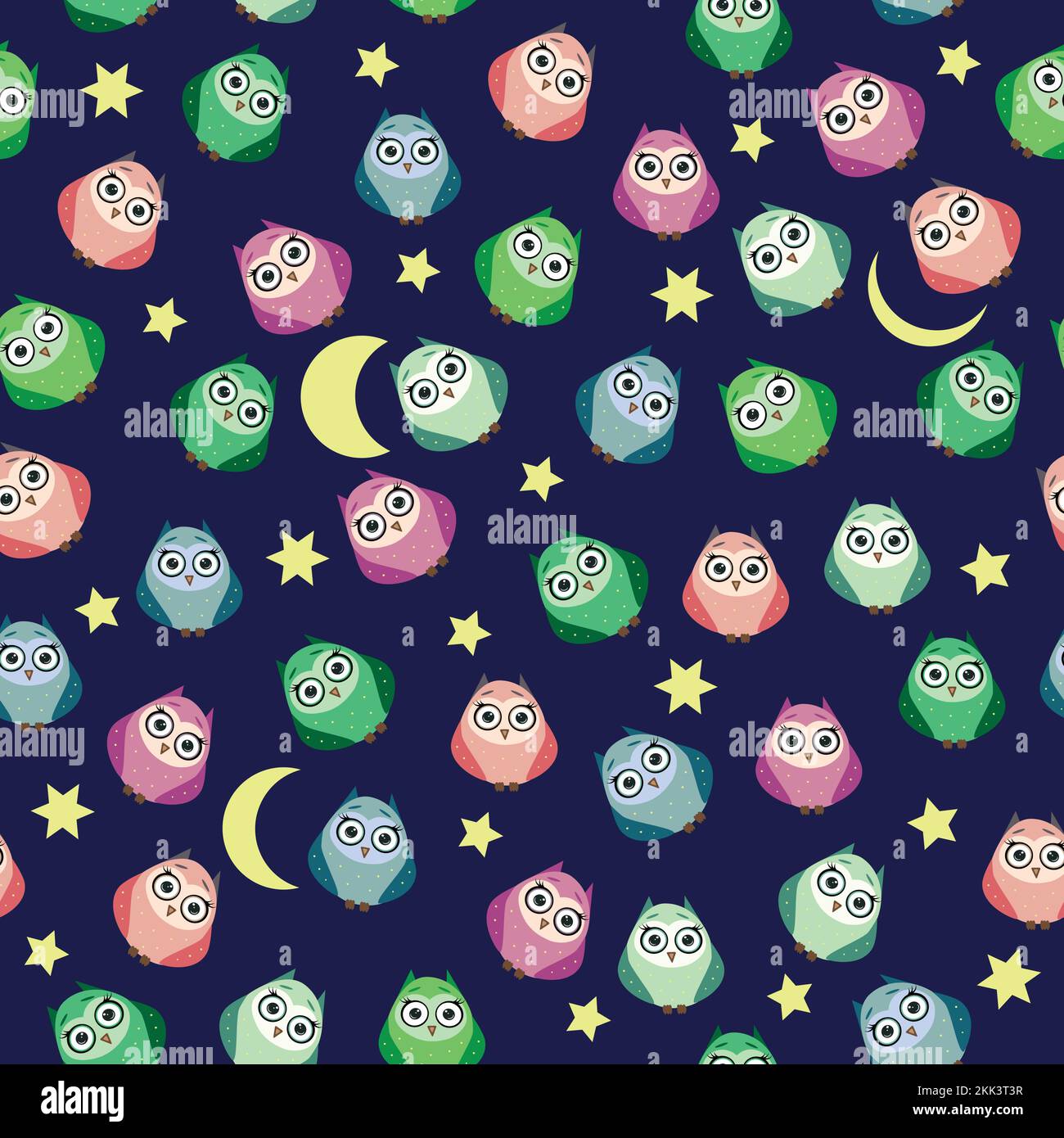 Cute multicolored owls at night with stars, clouds and moon. Seamless ...