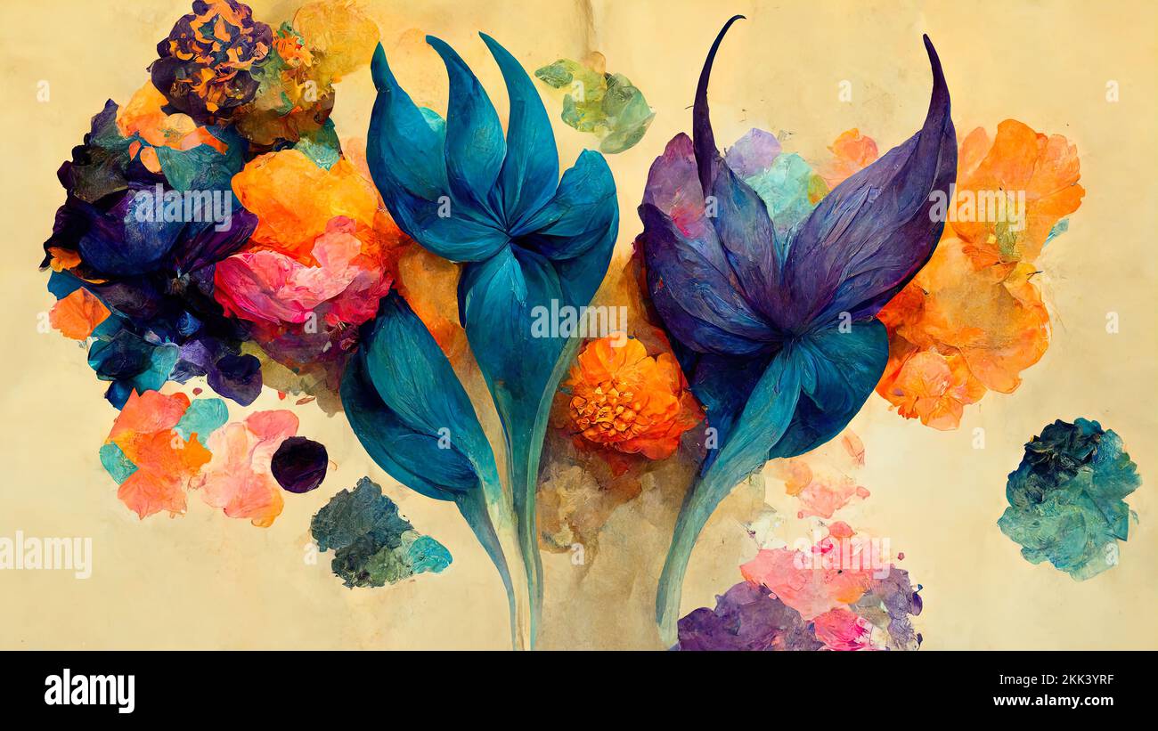 Abstract composition of plants and flower petals painting color texture ...