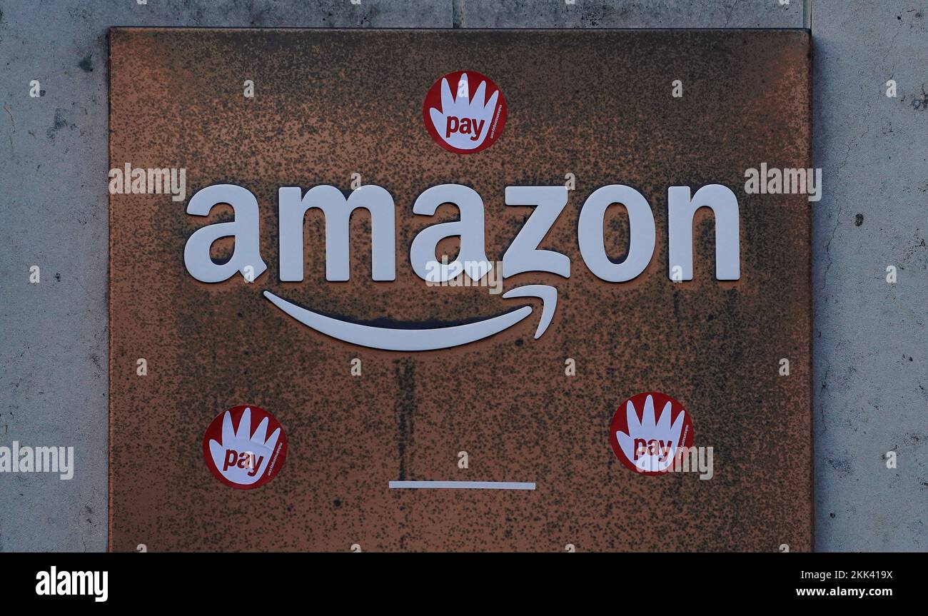 Stickers which were placed on the Amazon logo during a protest outside ...