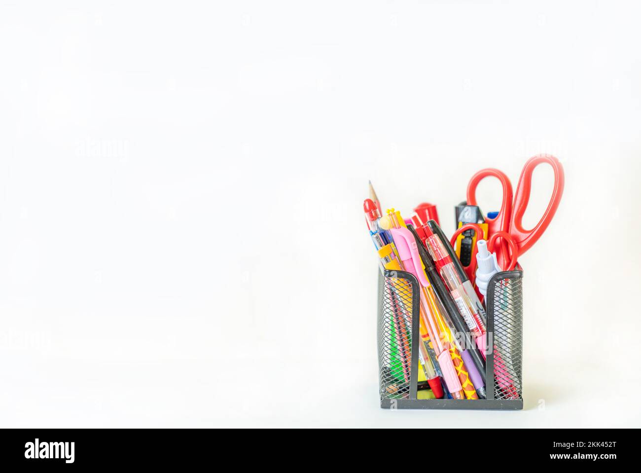 Set of stationery items as scissors, cutter, pen and pencil on isolate ...