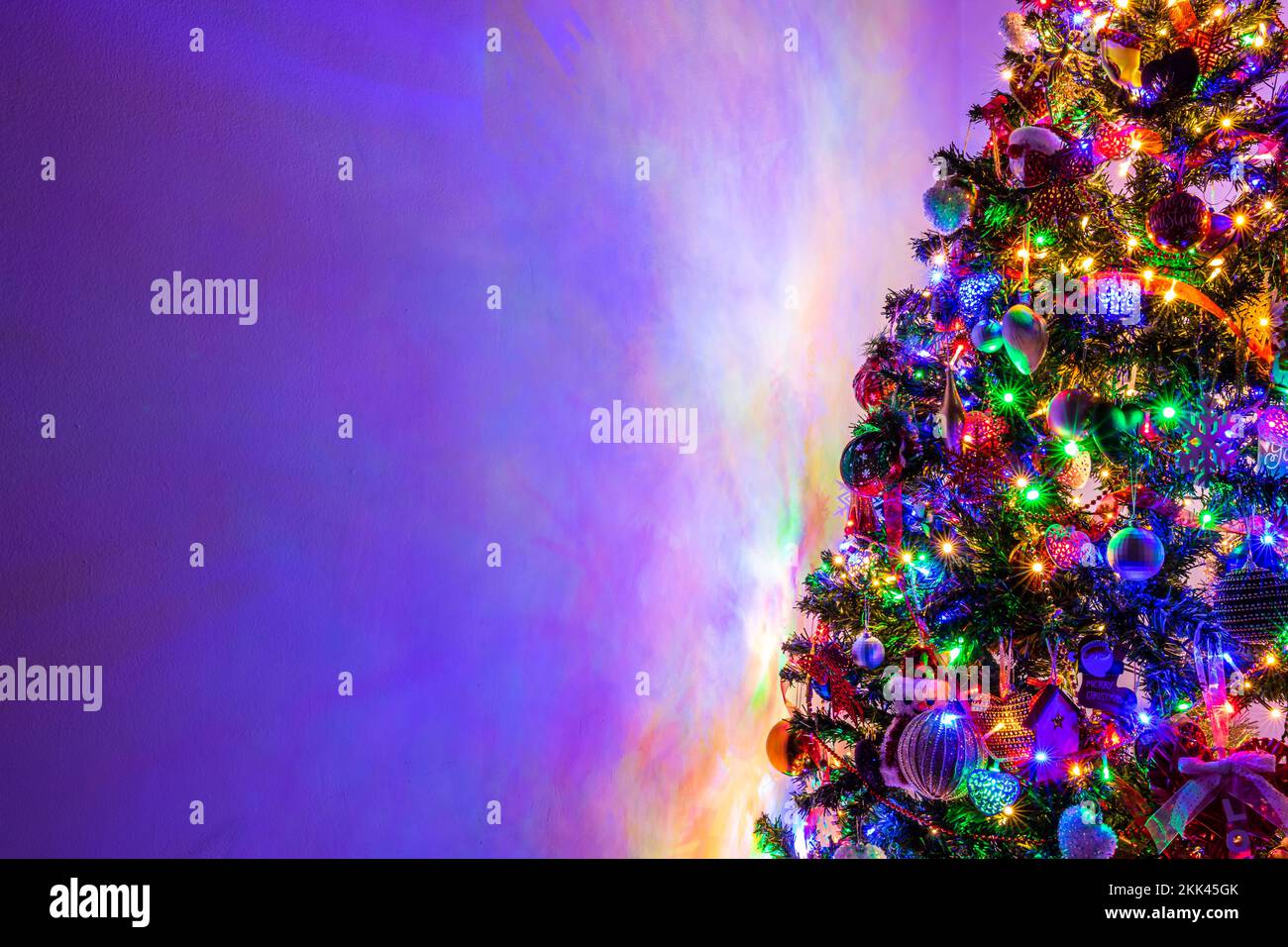 Christmas tree decorations with Christmas lights Stock Photo - Alamy
