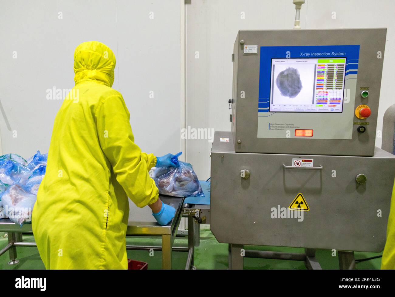 Chicken meat product pass x-ray inspection machine before delivery to ...