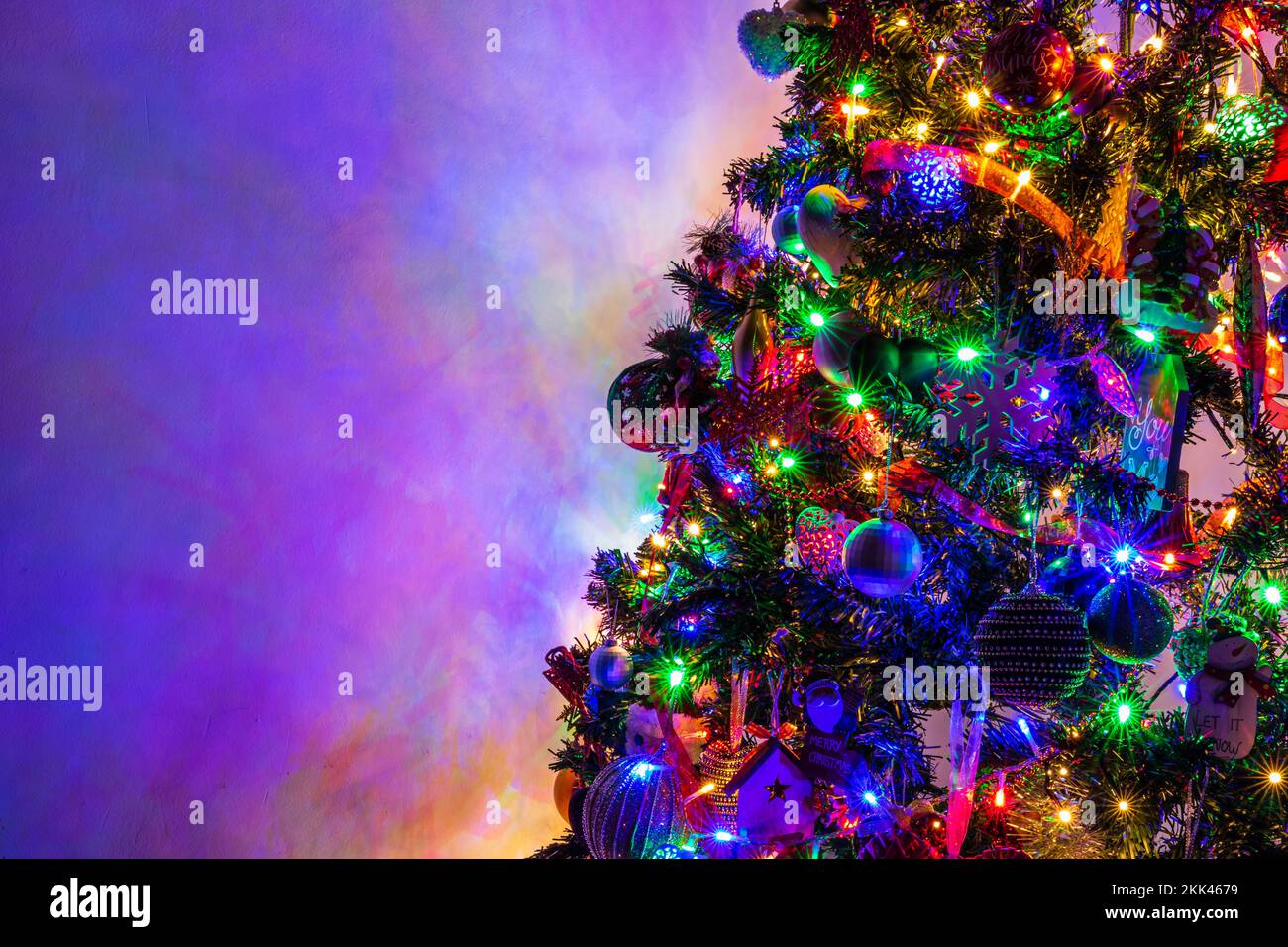 Christmas tree decorations with Christmas lights Stock Photo - Alamy