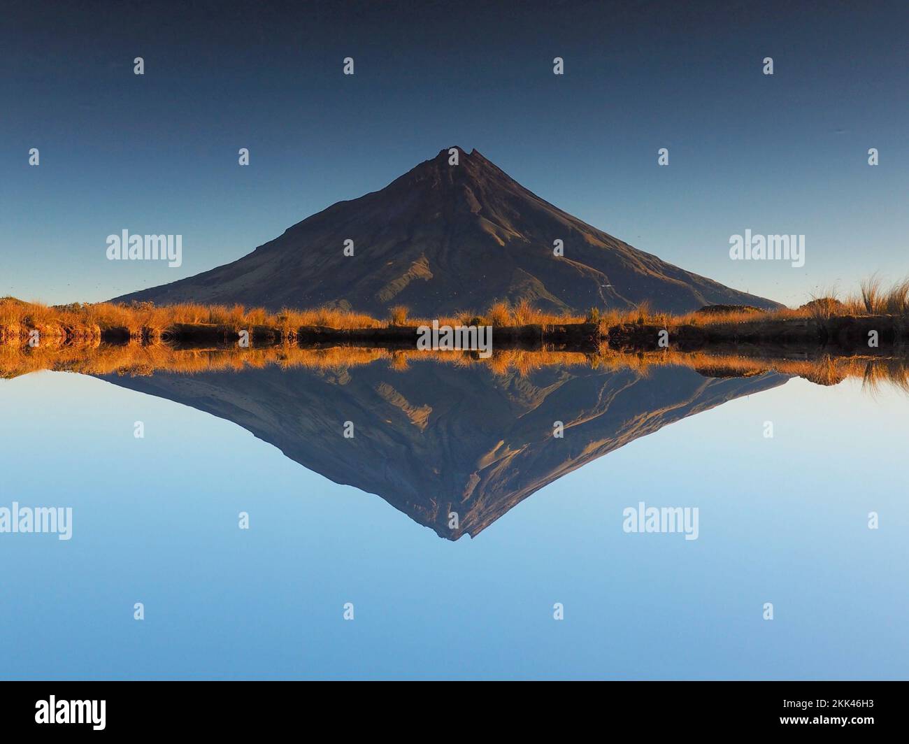 Mount Taranaki reflected in the water of a small tarn Stock Photo - Alamy