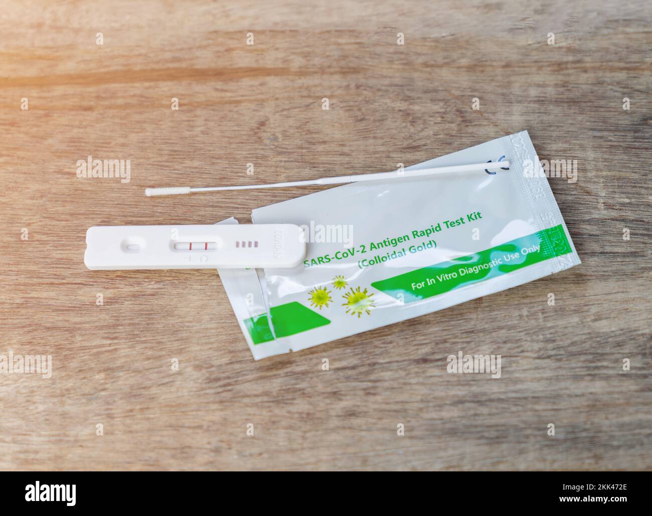 Positive COVID-19 (SARS-CoV-2) Antigen Rapid Test, isolated on wood ...