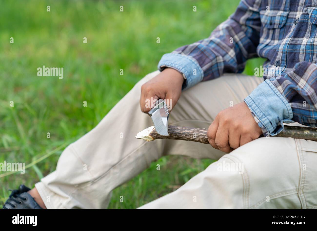 The man traveler Plane Knife With Wooden Stick, Hands Close-up. Concept ...