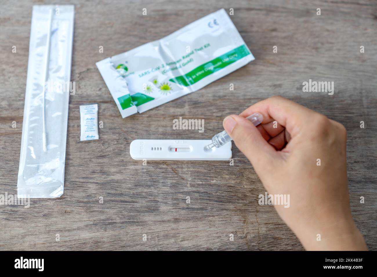 Hand drop swab on rapid antigen test kit to check coronavirus infection ...
