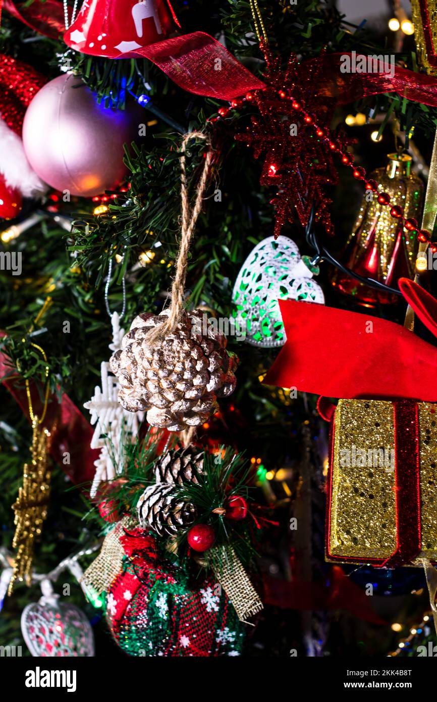 Christmas tree decorations with Christmas lights Stock Photo - Alamy