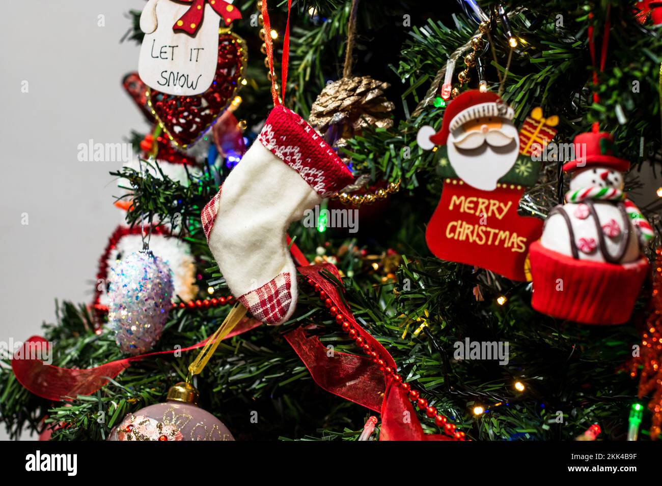 Christmas tree decorations with Christmas lights Stock Photo - Alamy