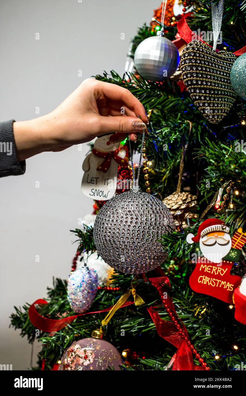 Christmas tree decorations with Christmas lights Stock Photo - Alamy