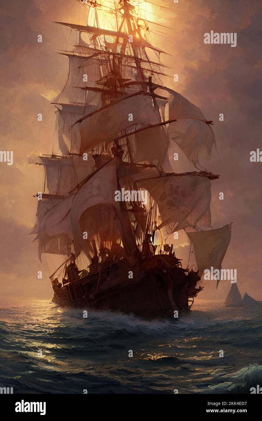 An ancient pirate ship with a fire above on a deep blue sea Stock Photo ...
