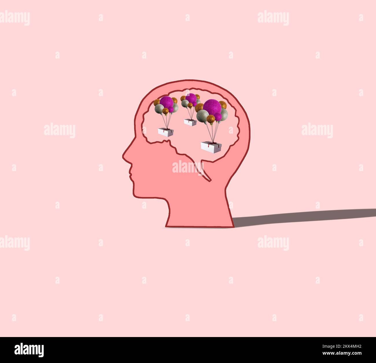 pink head with pink brain in which there are packages flying with ...