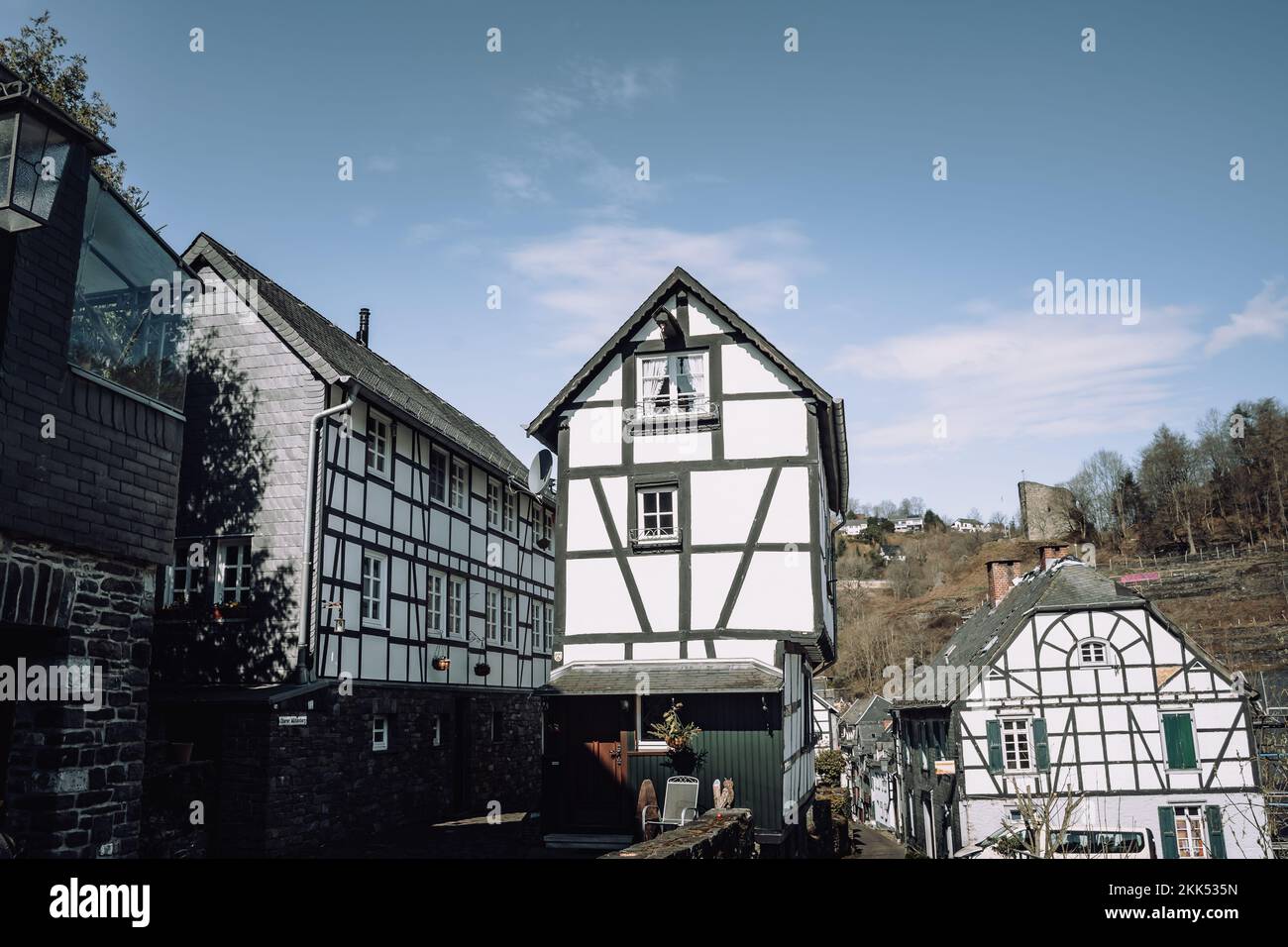 Traditional medieval half timbered houses of Monschau, Germany Stock ...