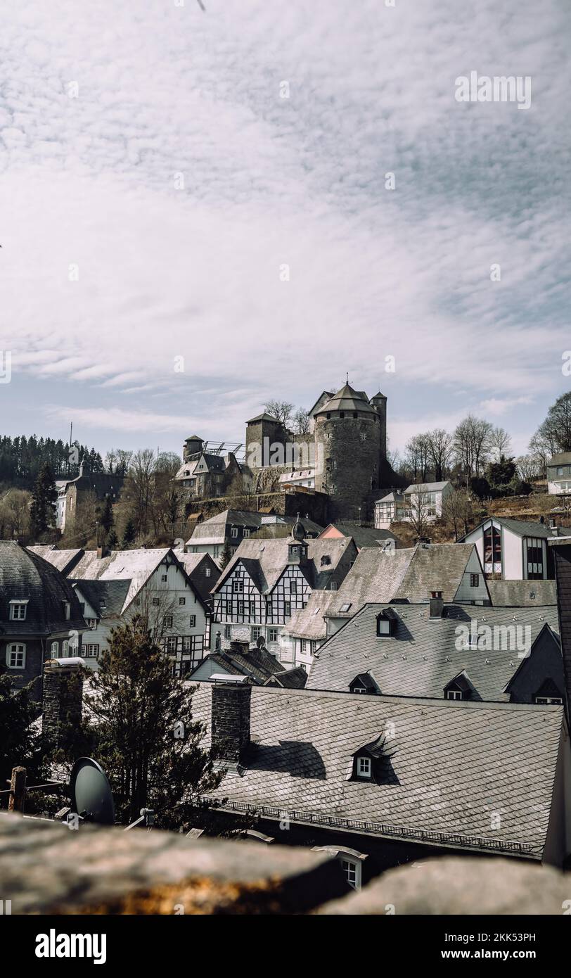 Traditional medieval half timbered houses of Monschau, Germany Stock ...