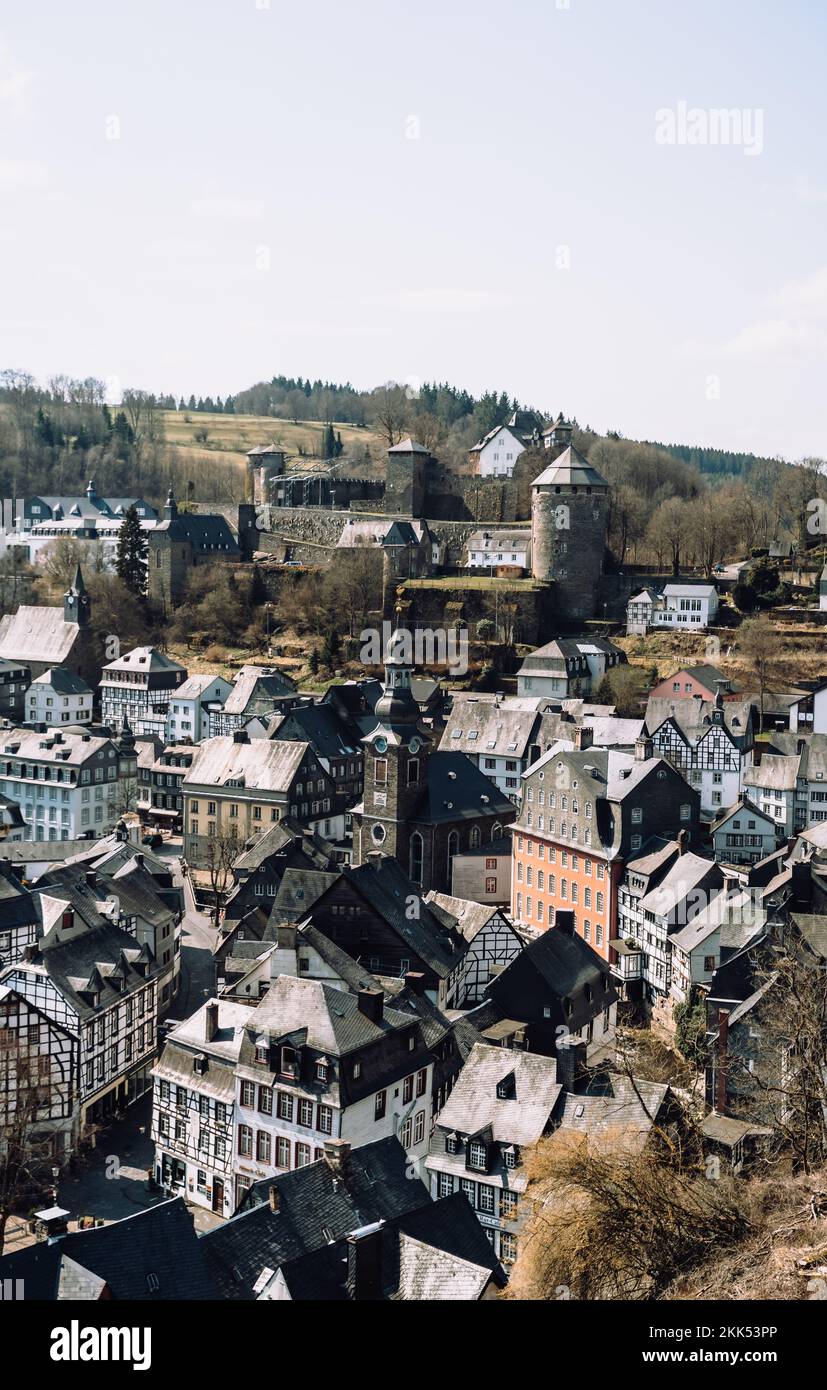 Traditional medieval half timbered houses of Monschau, Germany Stock ...