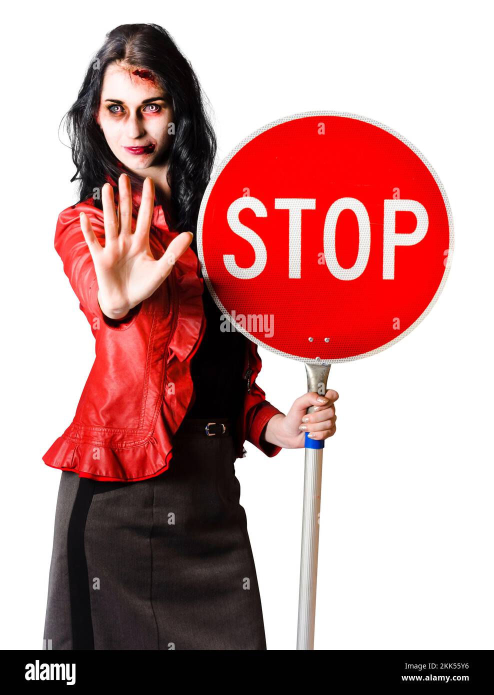 Zombie woman with red stop sign, dead end concept on white background ...