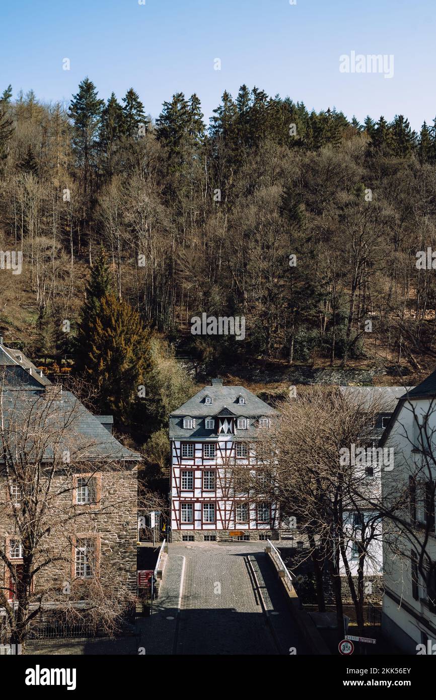 Traditional medieval half timbered houses of Monschau, Germany Stock ...