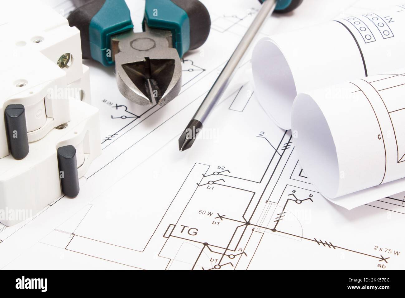 Work tools, electric fuse and diagrams of plan with electrical ...