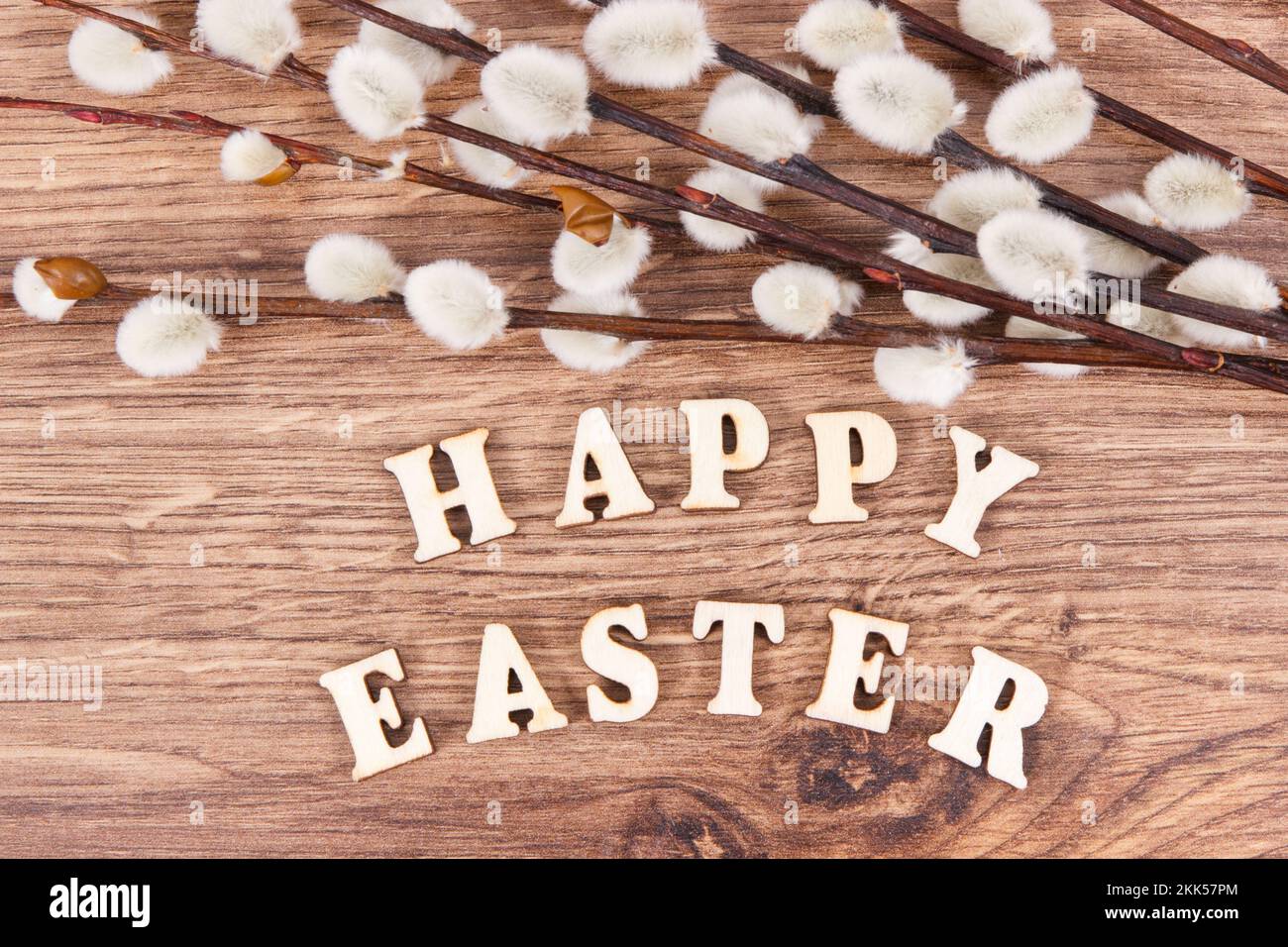 Inscription Happy Easter and catkins on rustic board, festive ...