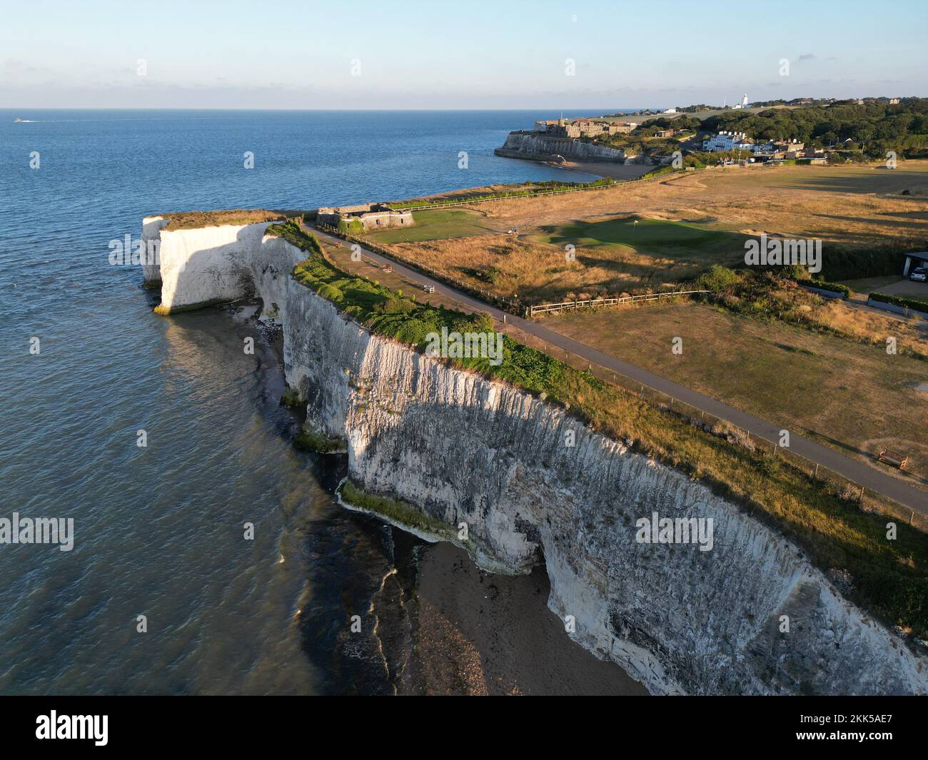 An aerial of the white cliffs of Dover at Kent beach captured on a ...