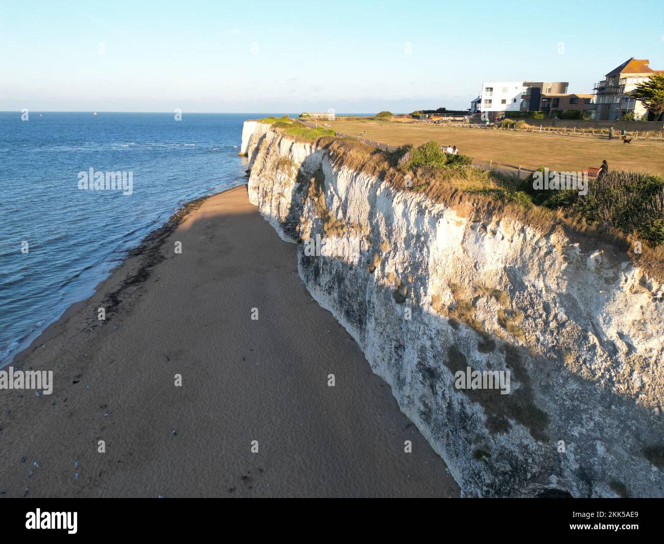 An aerial of the white cliffs of Dover at Kent beach captured on a ...