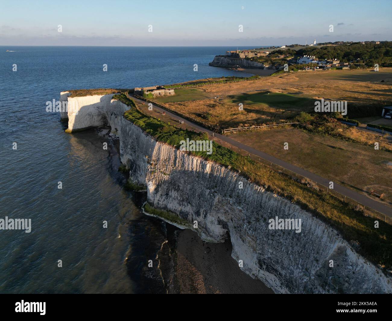 An aerial of the white cliffs of Dover at Kent beach captured on a ...