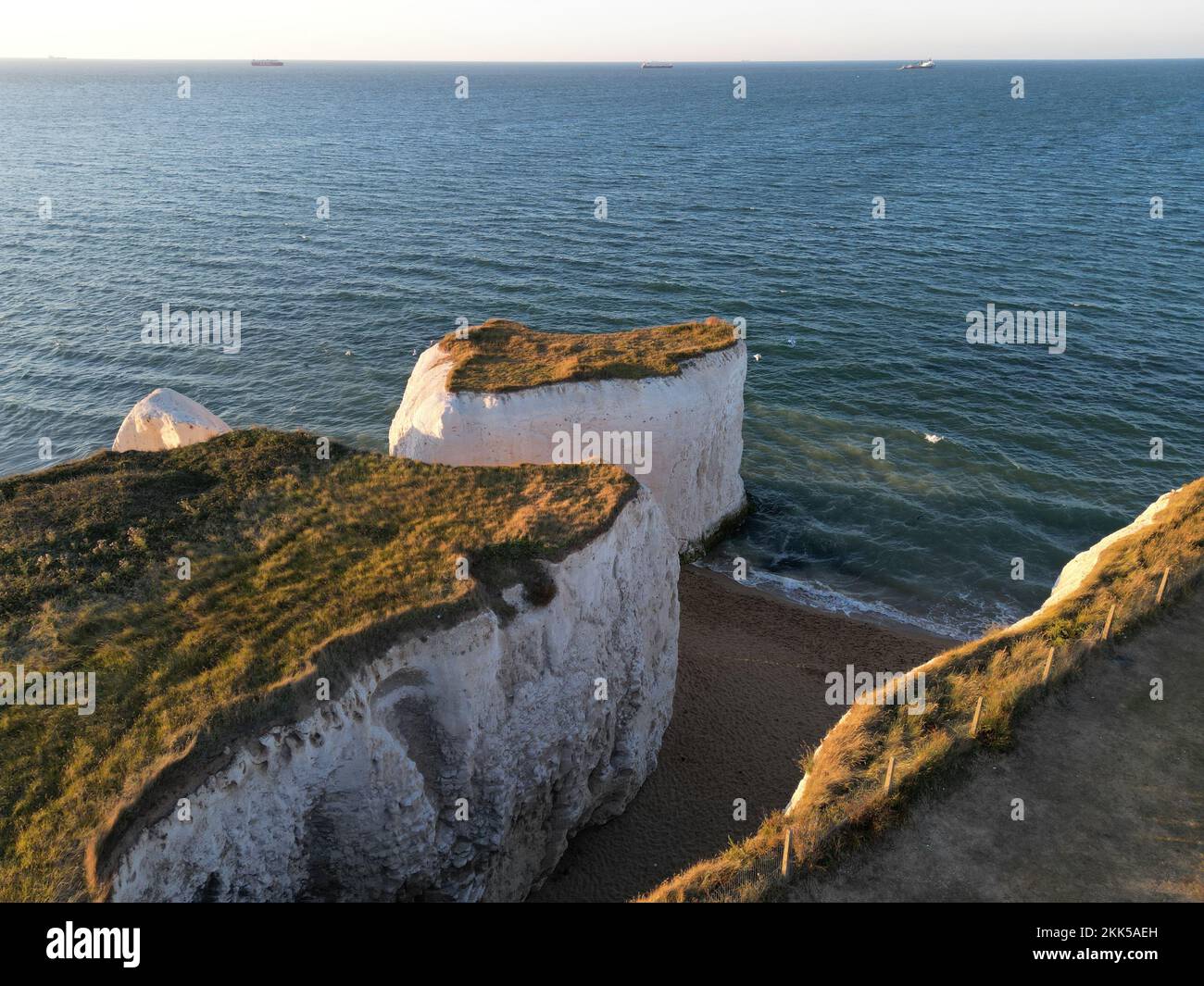 An aerial of the white cliffs of Dover at Kent beach captured on a ...