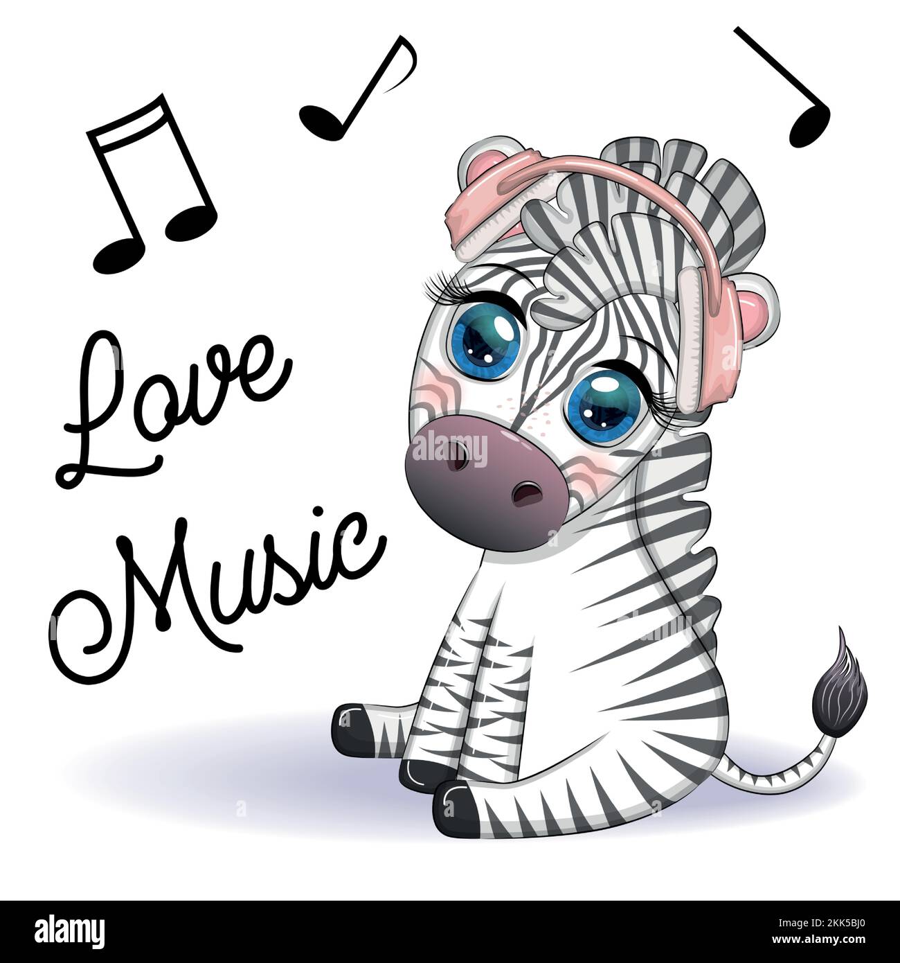 Cute zebra in headphones, love for music. Notes and treble clefs Stock ...