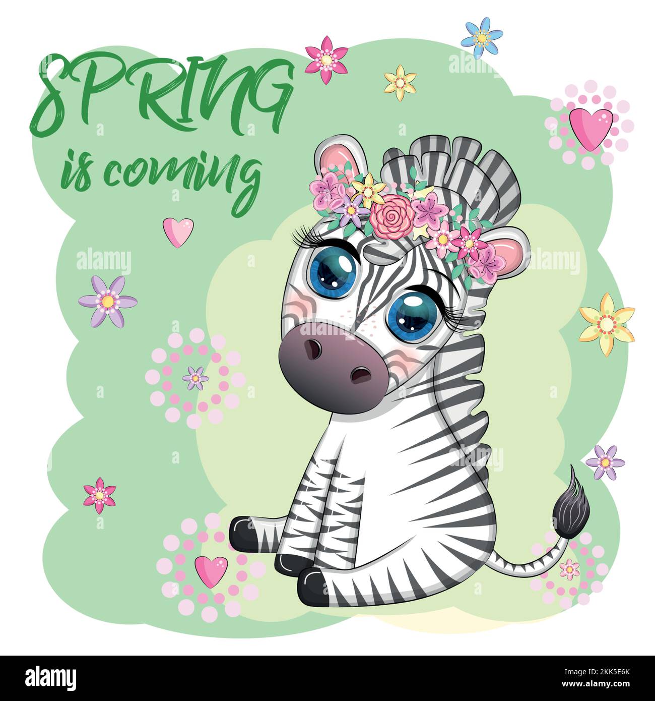 Striped zebra in a wreath of flowers, with a bouquet. Spring is coming ...