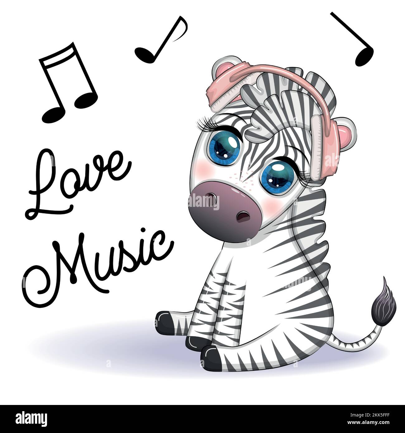 Cute zebra in headphones, love for music. Notes and treble clefs Stock ...