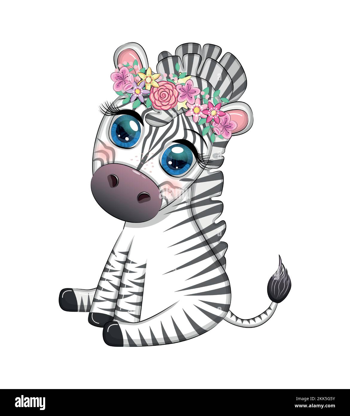 Striped zebra in a wreath of flowers, with a bouquet. Spring is coming ...