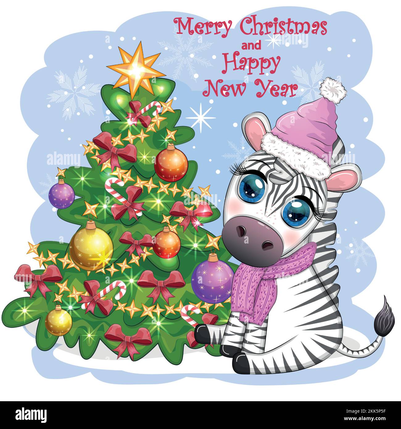 Merry Christmas and Happy New Year greeting card with cute zebra in ...