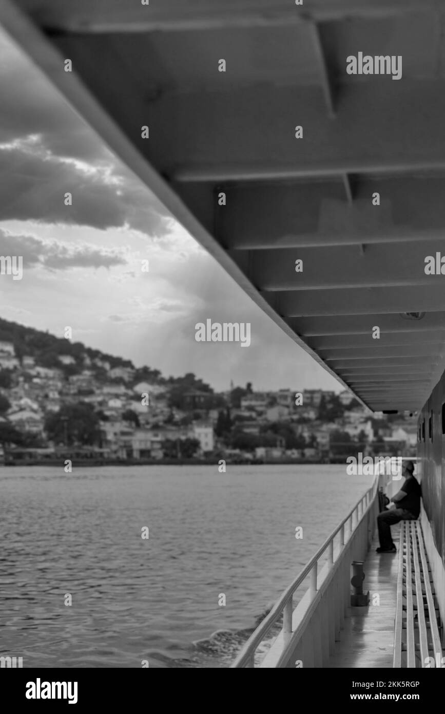 Black and white of water side passage of ferry boat on Marmara sea ...