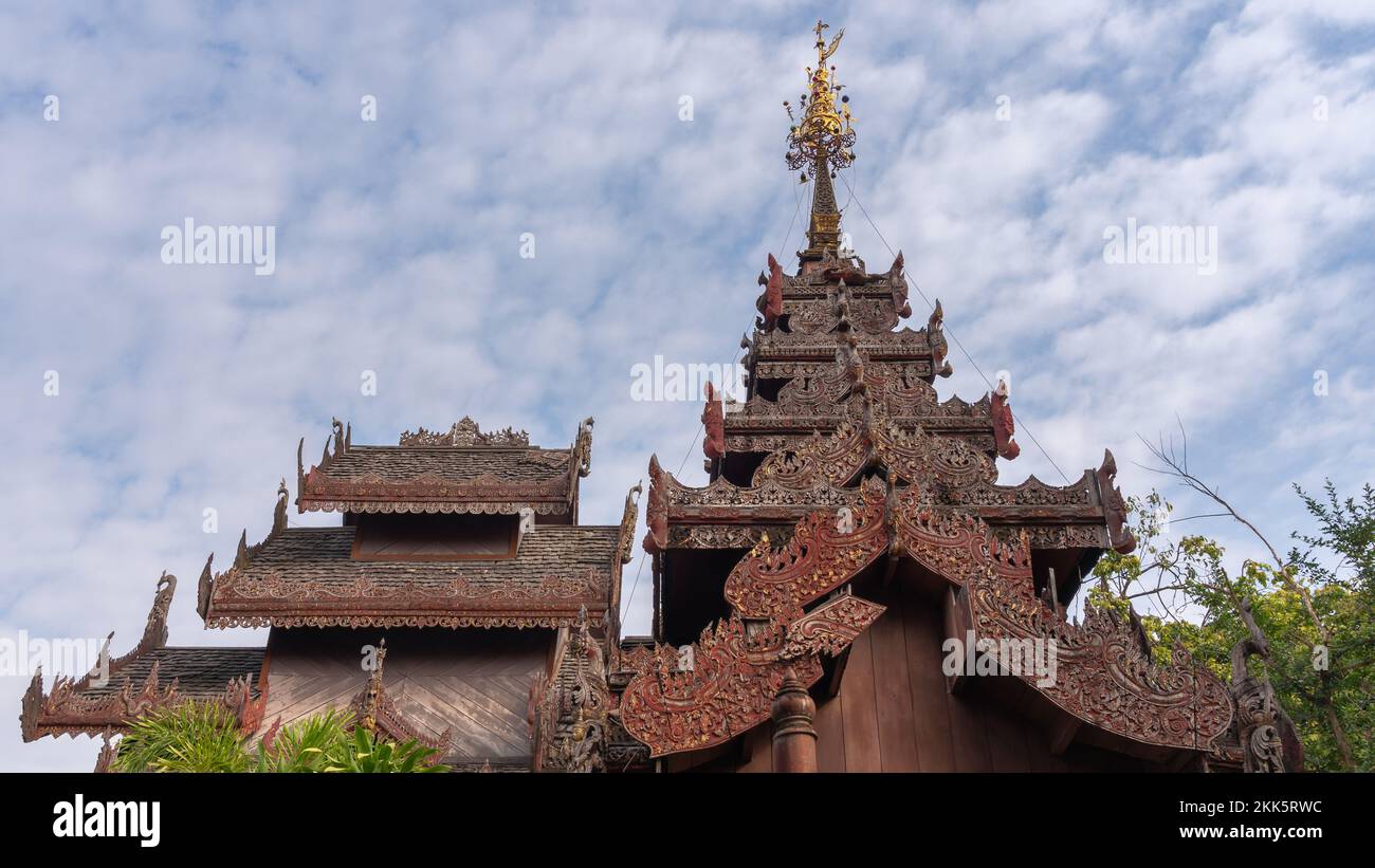 Low angle view of beautiful traditional Shan religious wooden roof ...
