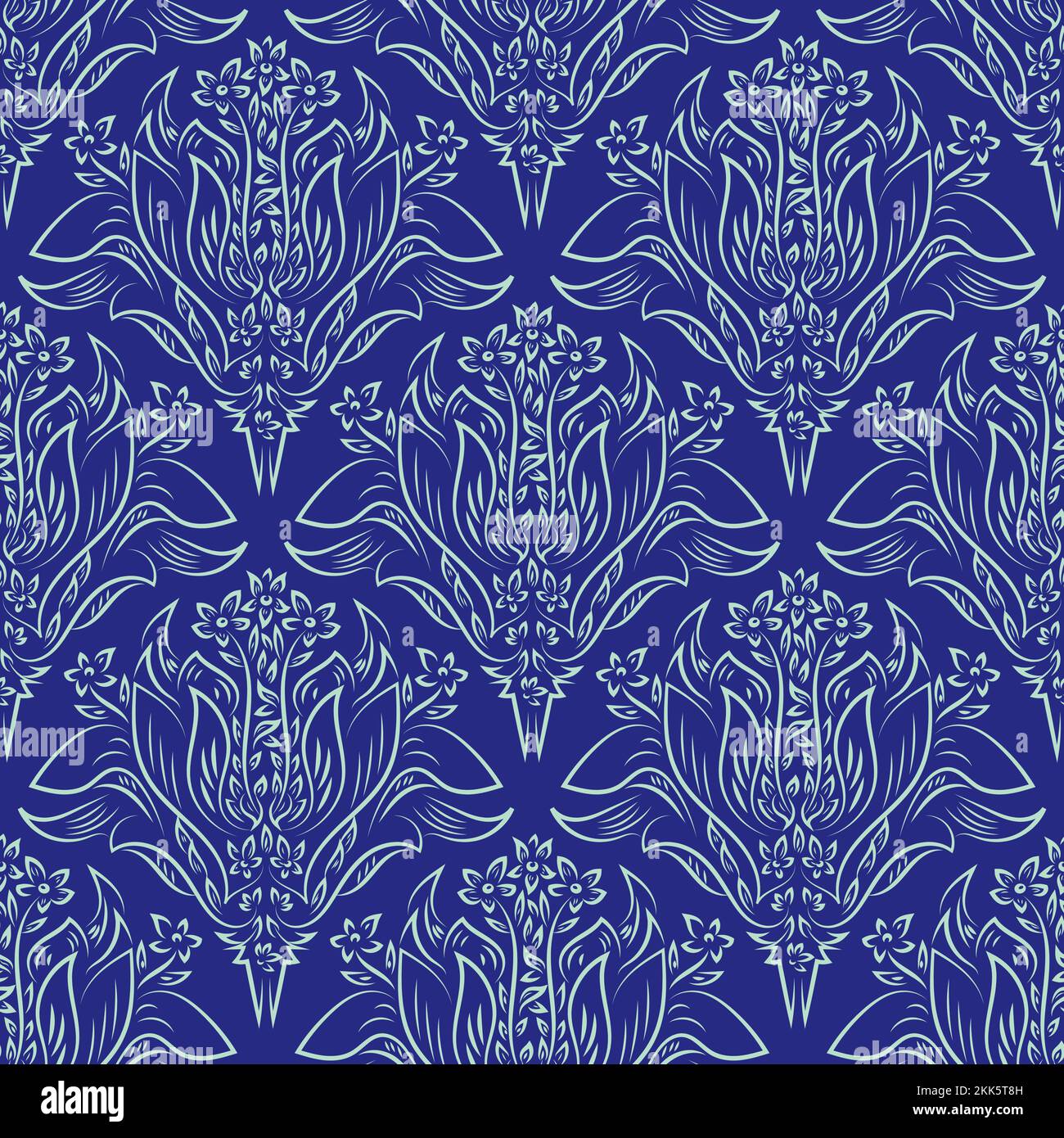 Damask flower bouquet vector seamless vector pattern. Blue indigo ...