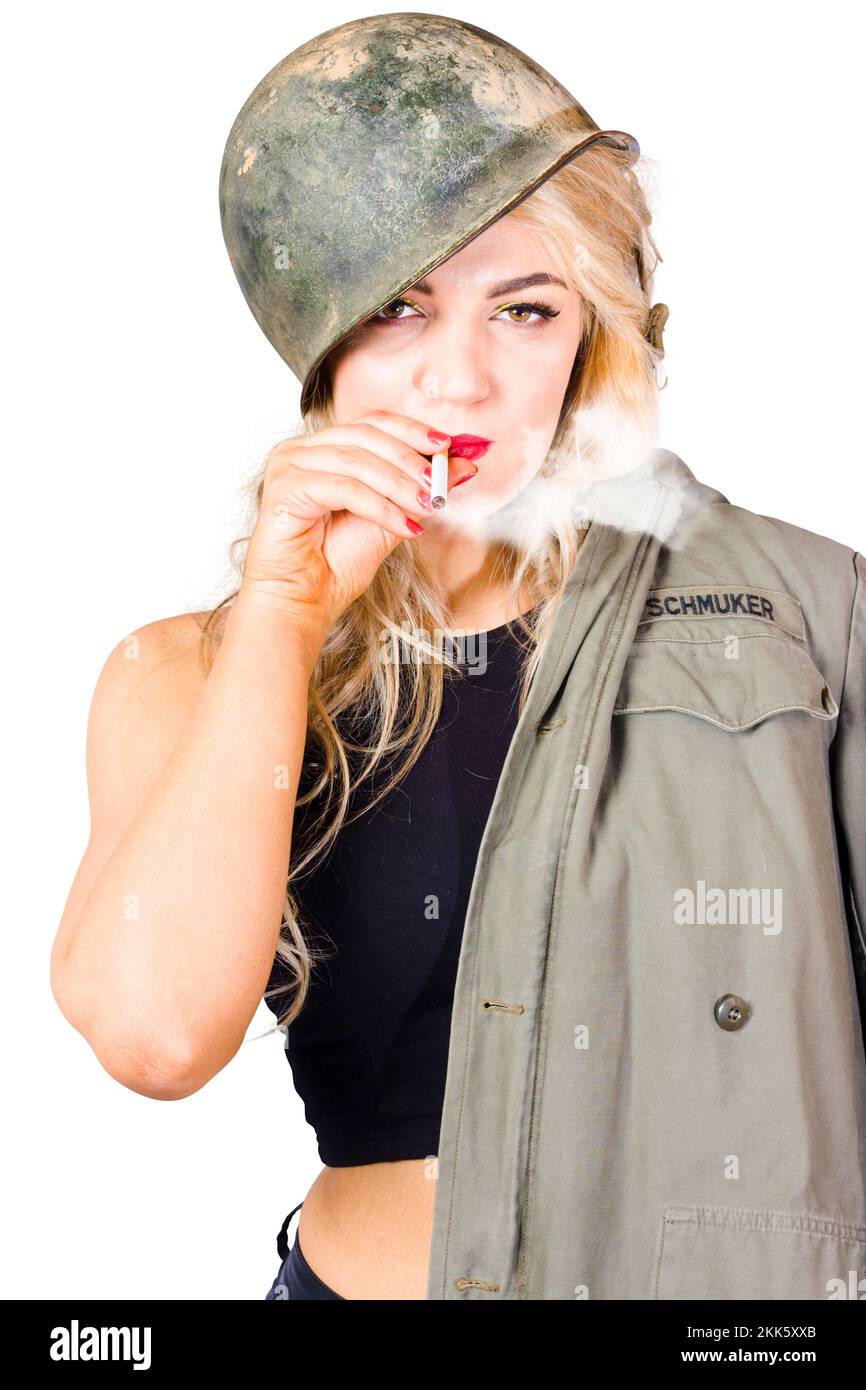 White background picture of a tough and determined female soldier ...