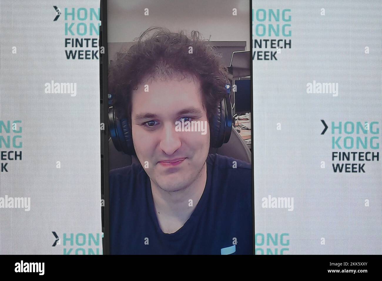 FTX founder Sam Bankman-Fried speaking remotely at Hong Kong FinTech ...