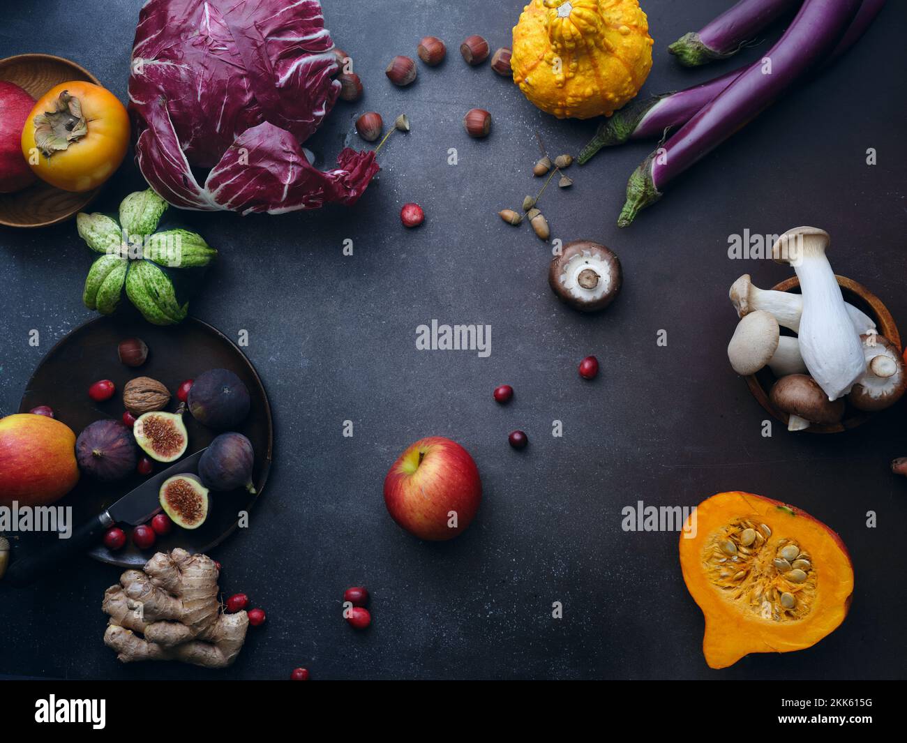 Top view seasonal groceries, healthy vegetarian ingredients for cooking ...