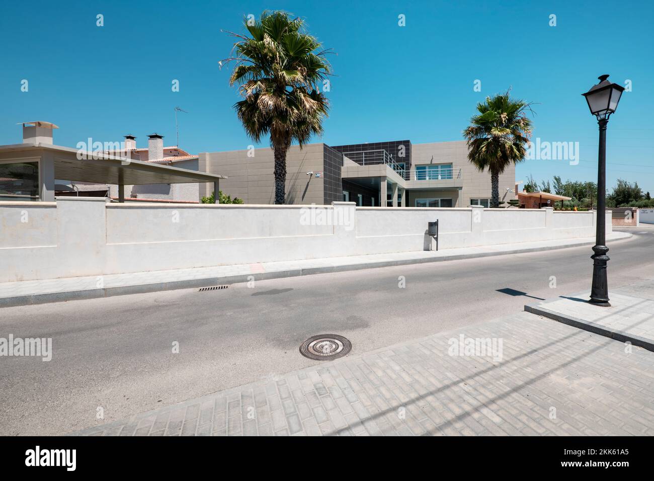 A street in an urbanization with a curved zebra crossing and palm trees ...